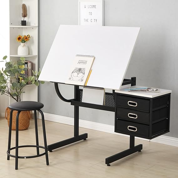 Height Adjustable Drafting Table - Modern 3 Wood Drawers Stool Non-Sli ...